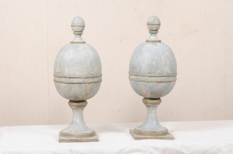 Pair of Artisan-Crafted Solid Wood Finials in Blue and Gray Color at ...
