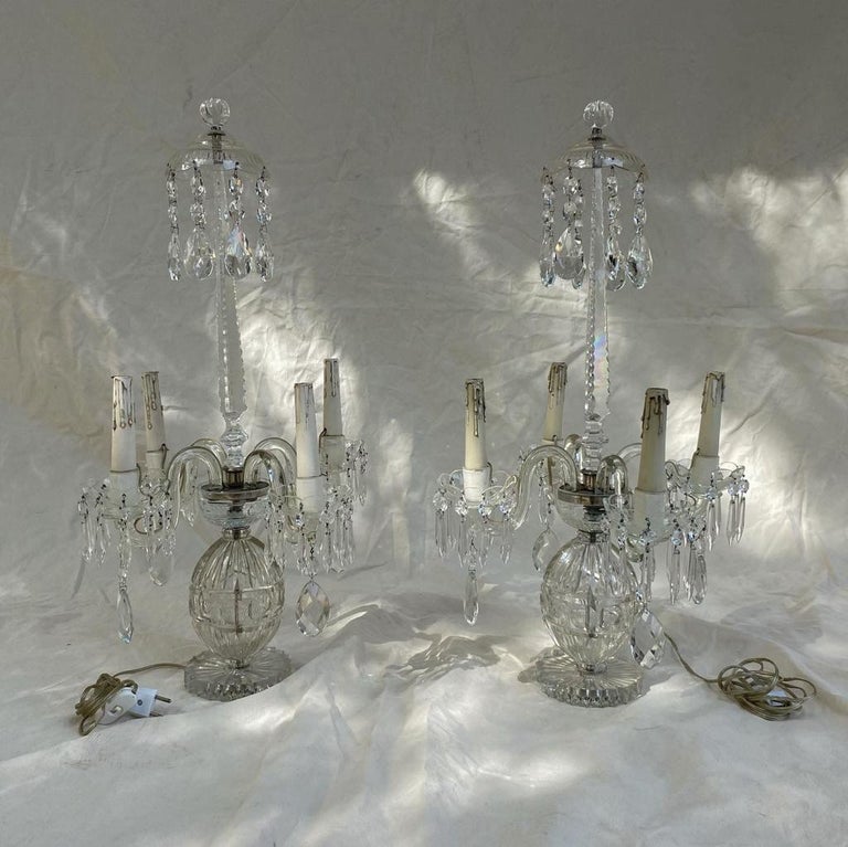 Pair of 4-Light Crystal Lamps, France 20th Century For Sale at 1stDibs