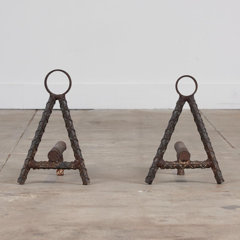 Pair of A-Frame Cast Iron Rebar Andirons For Sale at 1stDibs