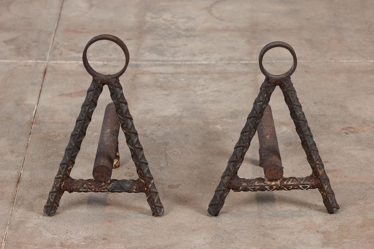 Pair of A-Frame Cast Iron Rebar Andirons For Sale at 1stDibs