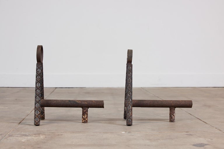 Pair of A-Frame Cast Iron Rebar Andirons For Sale at 1stDibs
