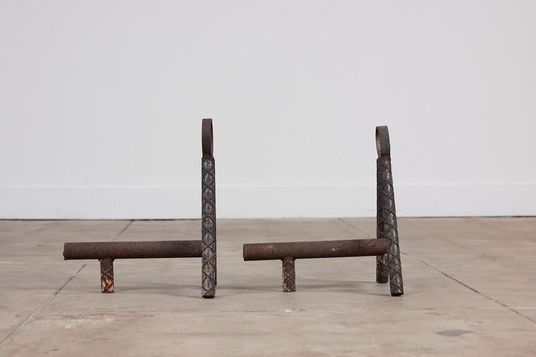 Pair of A-Frame Cast Iron Rebar Andirons For Sale at 1stDibs