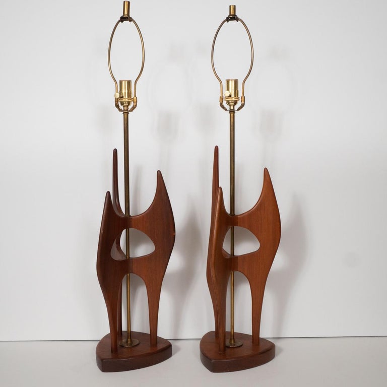 Pair of Abstract, Sculptural Walnut Wood Table Lamps For Sale at 1stDibs
