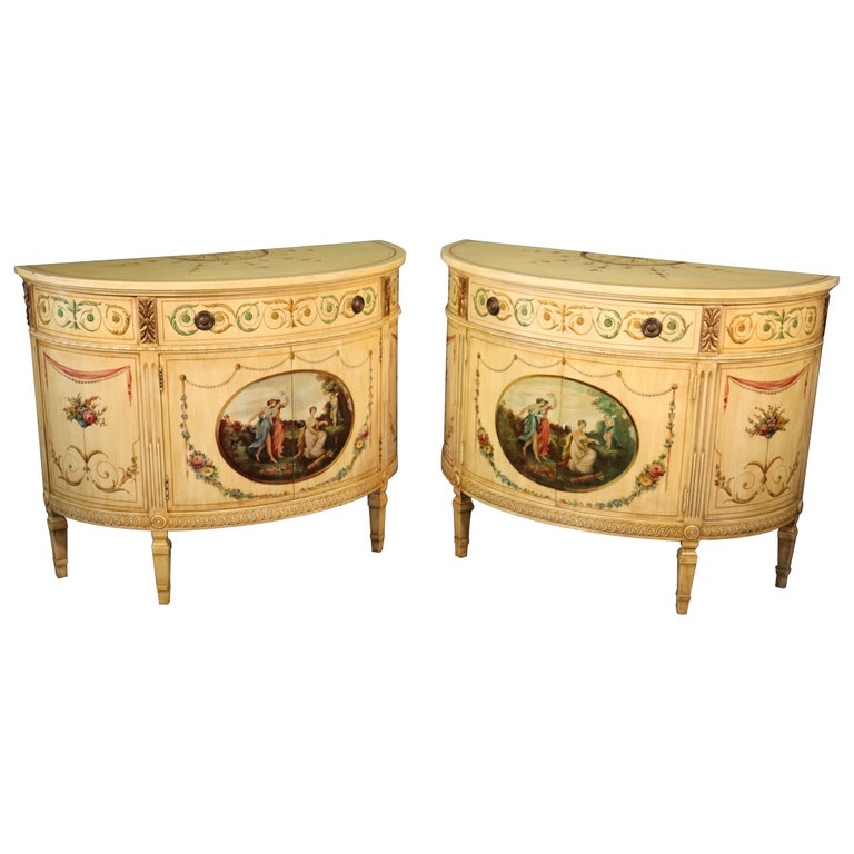 Pair of Adams Paint Decorated Demilune Commodes Attributed to Widdicomb ...