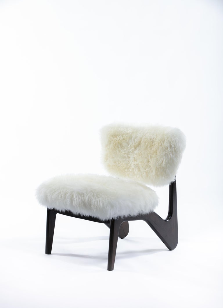 Pair of Ivory Sheepskin and Sculpted Walnut Slipper Chairs at 1stDibs