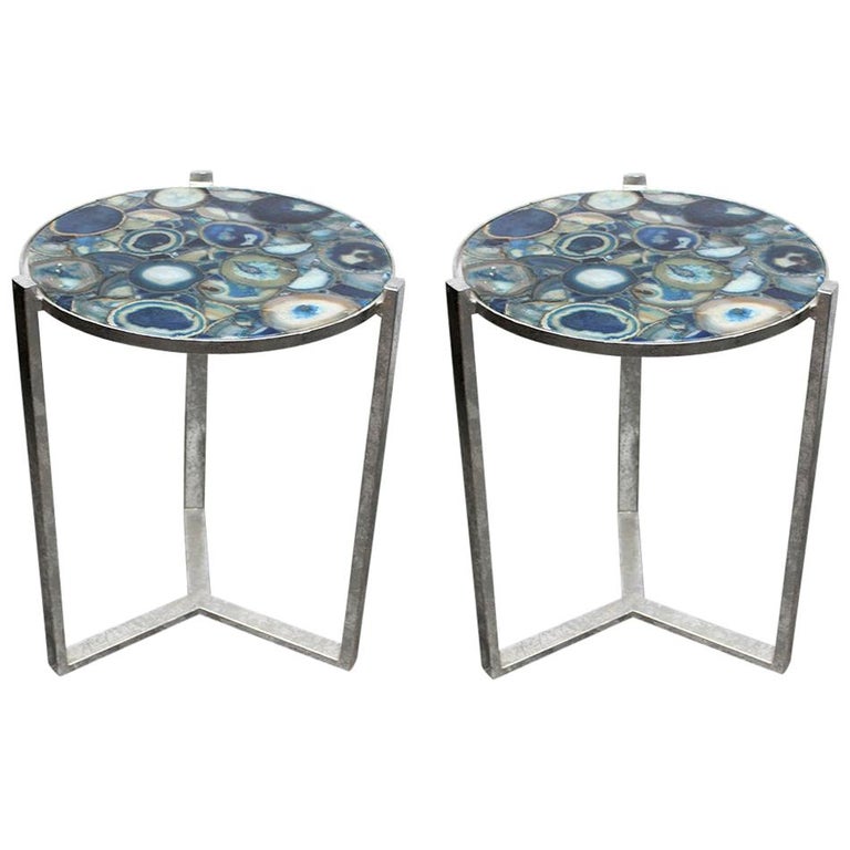 Pair of Agate Stone Marble Side Round Tables at 1stDibs