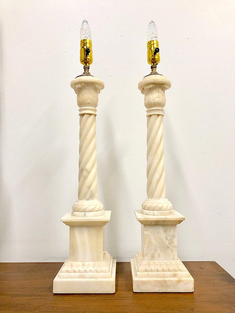 Pair of Alabaster Column Lamps For Sale at 1stDibs