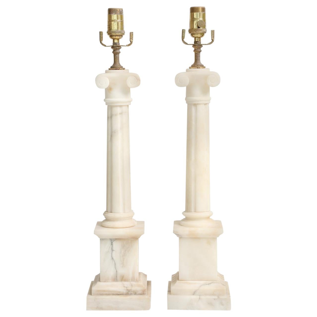 Pair of Alabaster Columnar Lamps with Ionic Capitals at 1stDibs