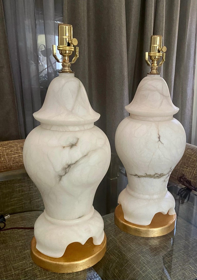 Pair of Alabaster Lidded Urn Table Lamps For Sale at 1stDibs