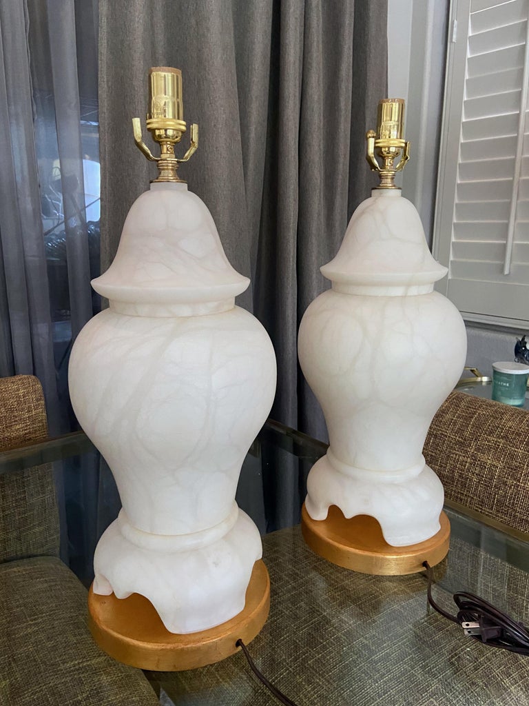 Pair of Alabaster Lidded Urn Table Lamps For Sale at 1stDibs