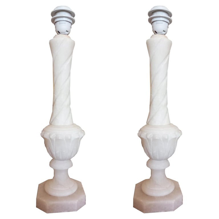 Art Deco Large Pair of Alabaster Marble Table Lamps White Color. Italy ...