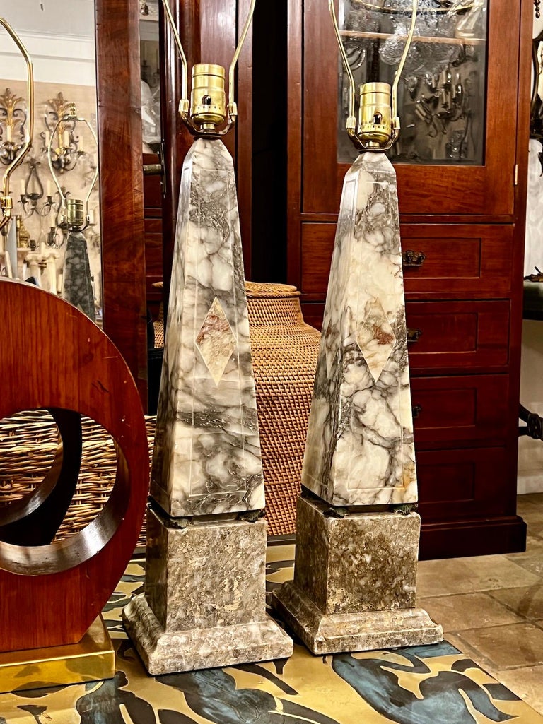 Pair of Alabaster Obelisk Lamps For Sale at 1stDibs
