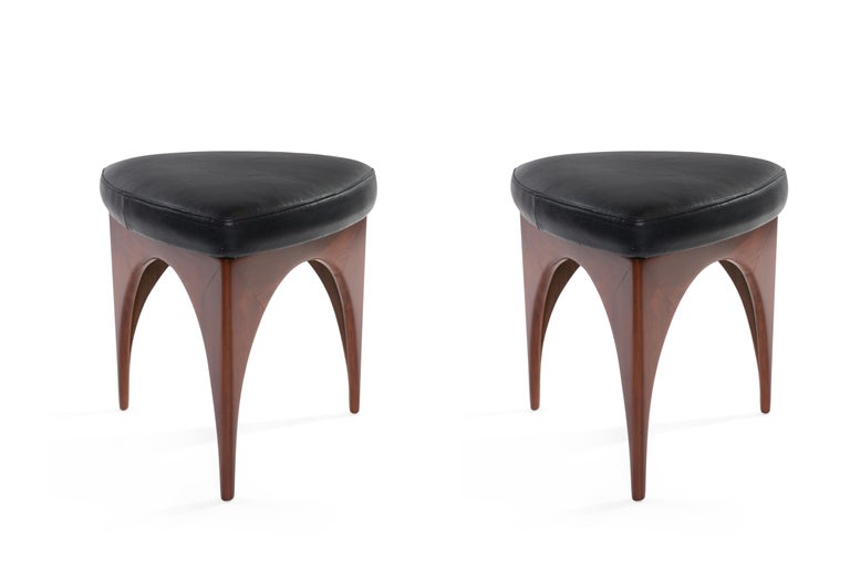 Pair of Allen Ditson Wood and Navy Blue Leather Ottomans, 1960s at 1stDibs