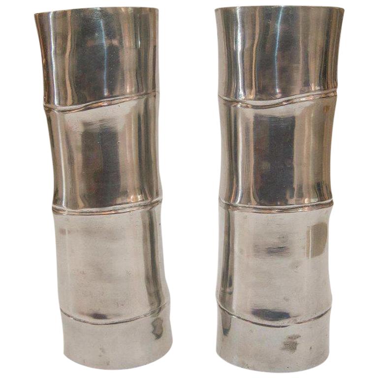Pair of Aluminum Bamboo Form Candlesticks in the Style of Arthur Court ...