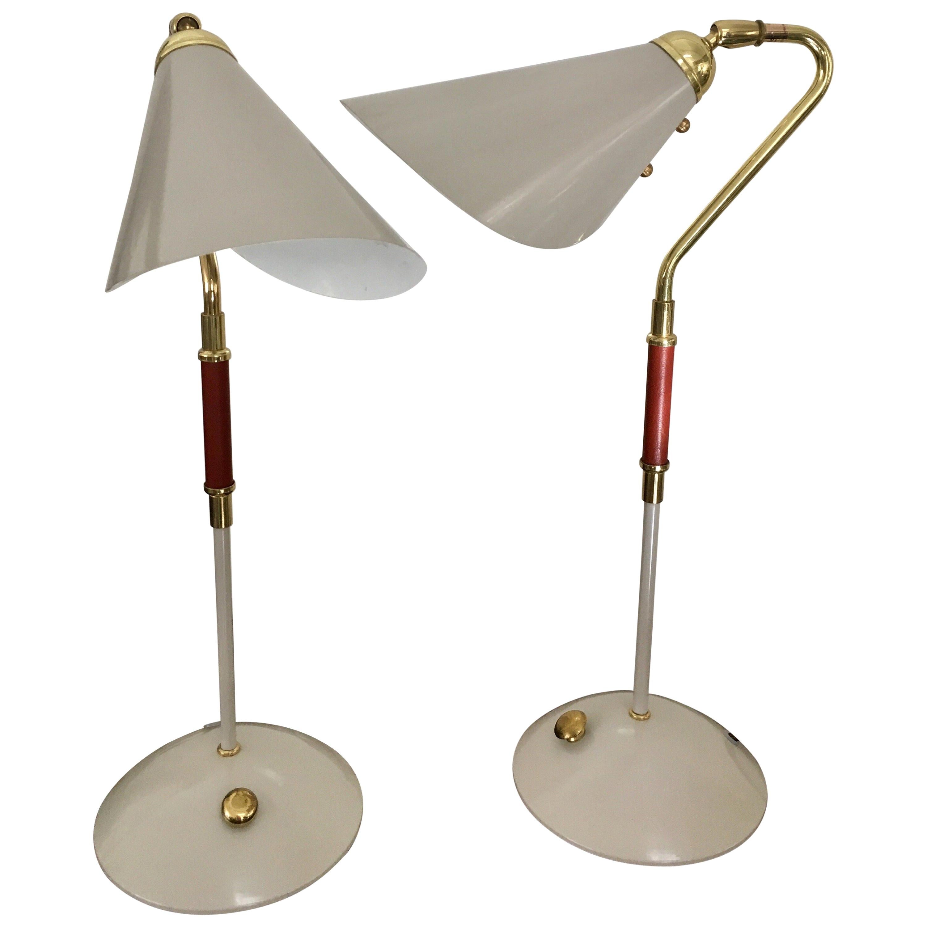Pair of Aluminum Table Lamps with Brass and Leather Details at 1stDibs