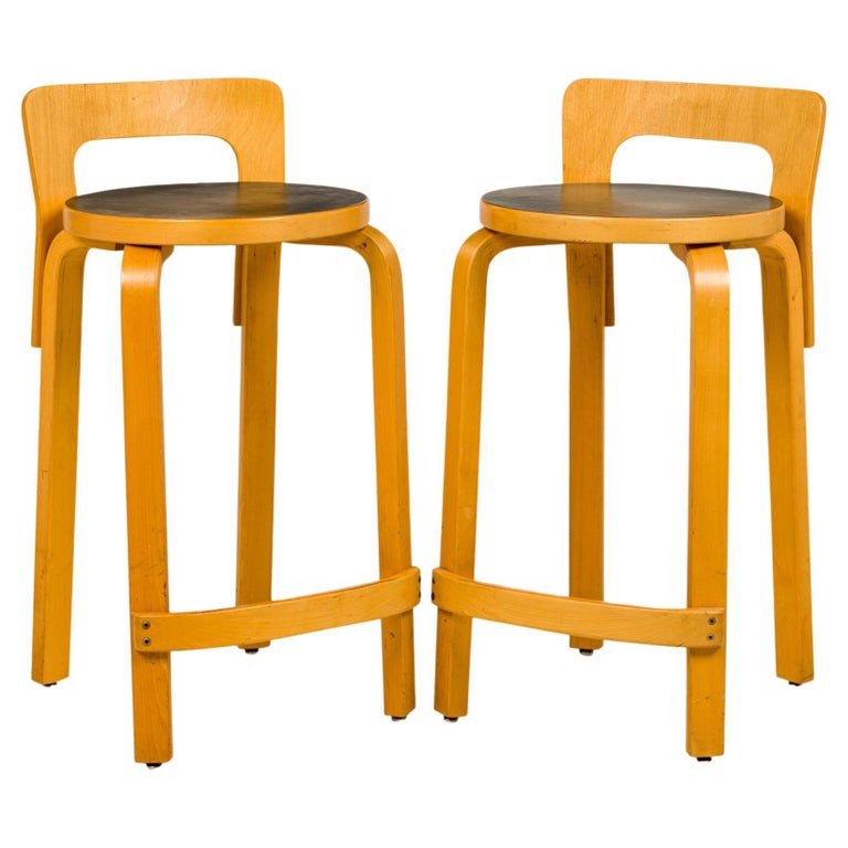 Pair of Alvar Aalto for Artek Finnish Bent Birch Plywood Counter Stools ...