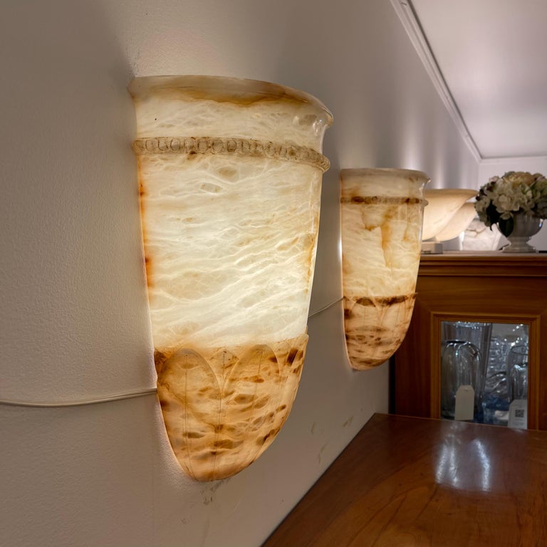 Pair of Amber Acanthus Leaf Alabaster Sconces at 1stDibs