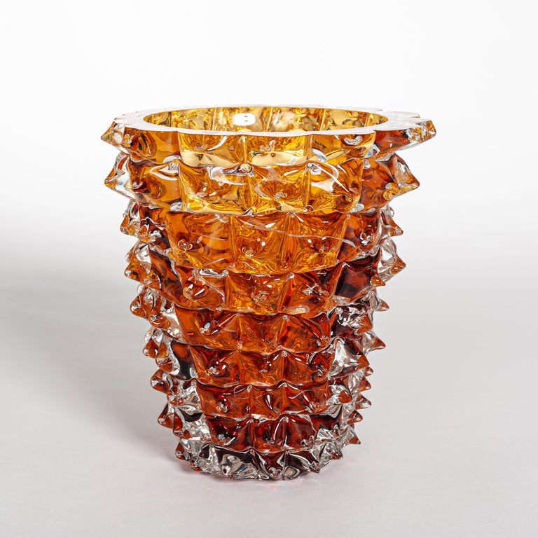 Pair of Amber Colored Vases in Murano Glass with Spikes Decor, Signed ...