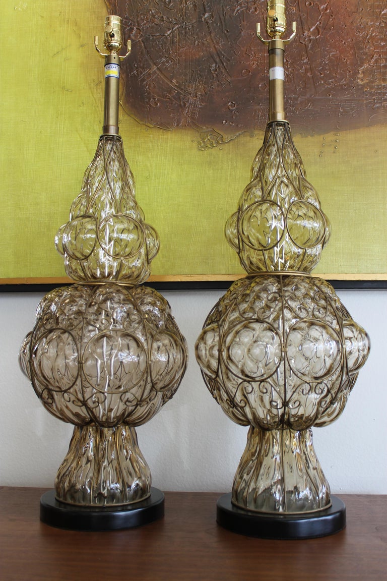Pair of Amber Glass Lamps by The Marbro Lamp Company, Los Angeles, CA ...