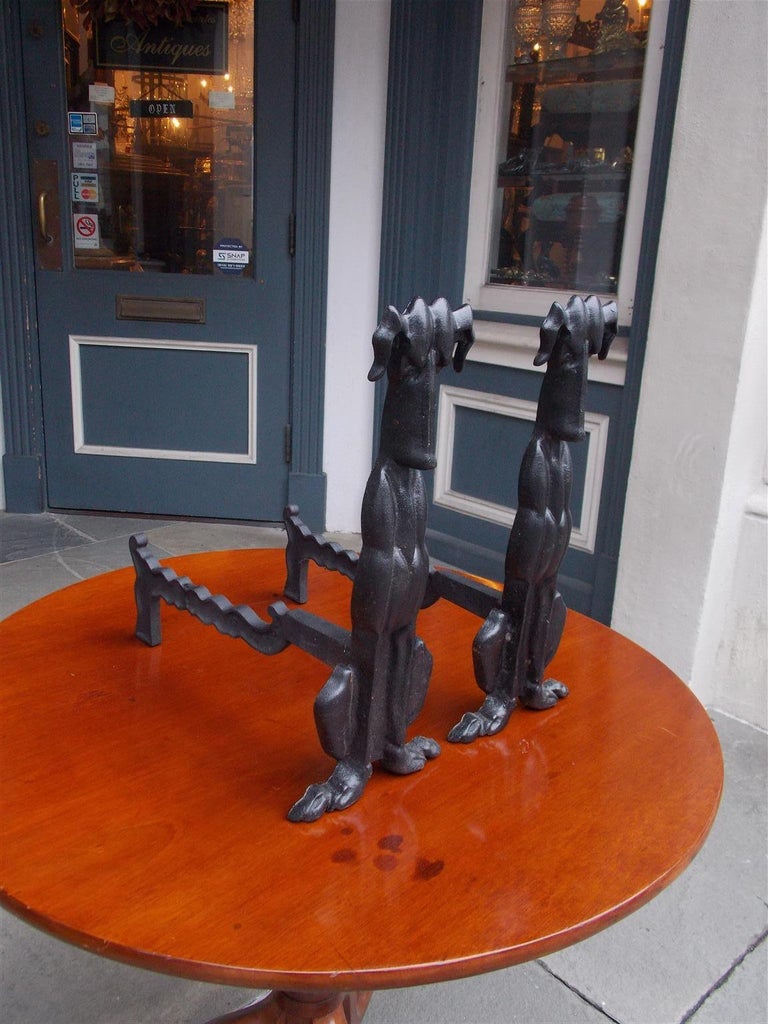 Pair of American Art Deco Cast Iron Sporting Dog Andirons with Rear ...