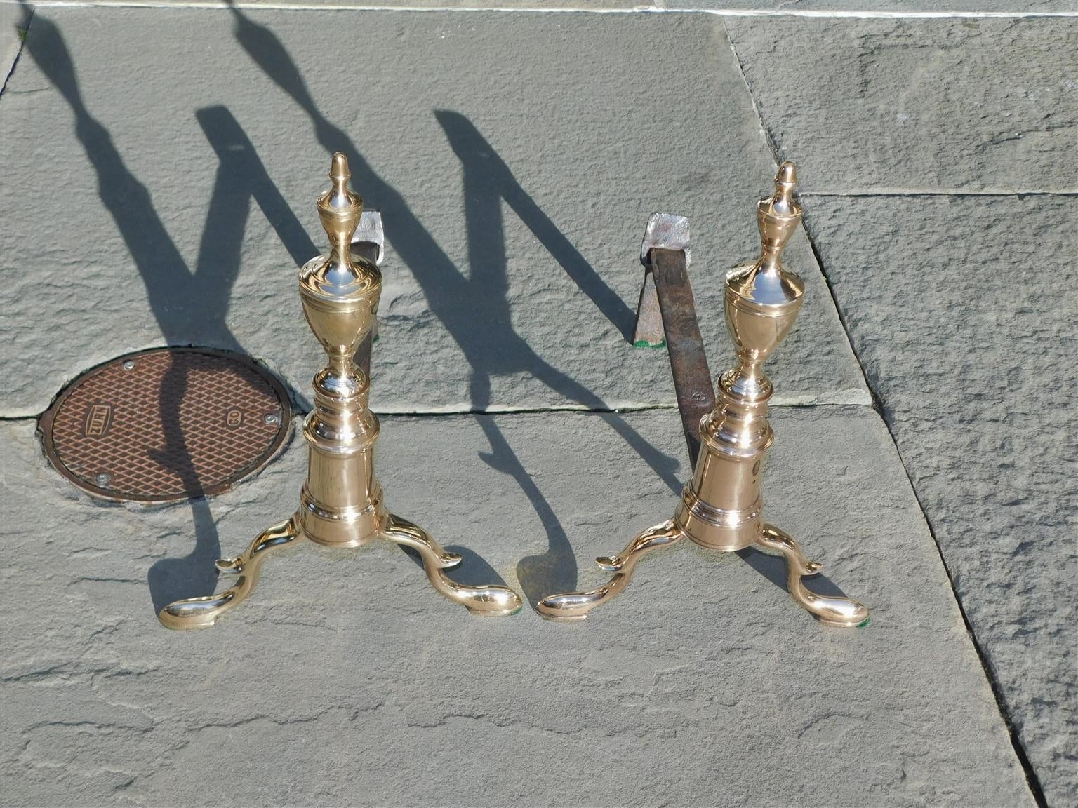 Pair of American Bell Brass Double Urn Finial Andirons with Slipper ...