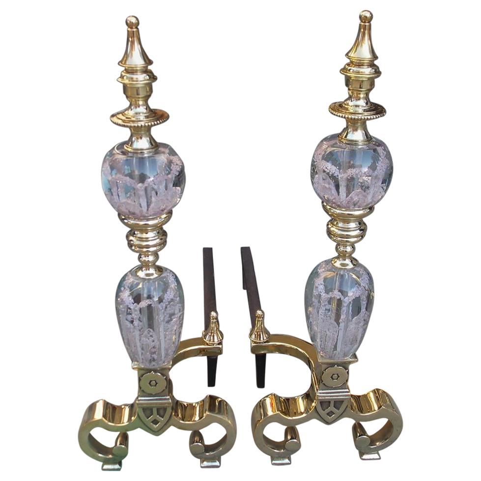 Midcentury Vintage Brass and St. Clair Glass Fireplace Andirons, circa ...