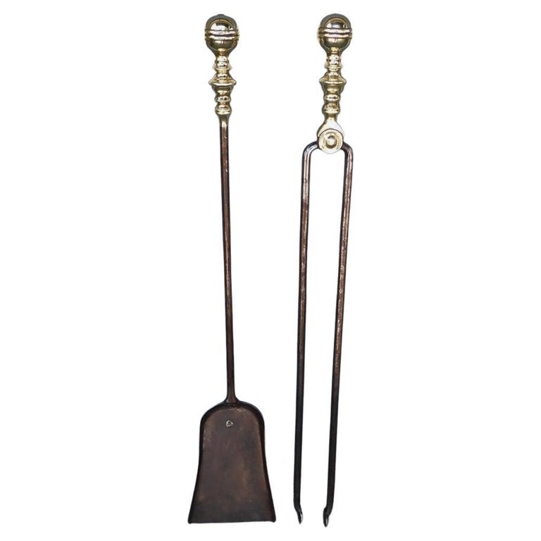 Pair of American Brass and Polished Steel Ball Finial Banded Fire Tools ...