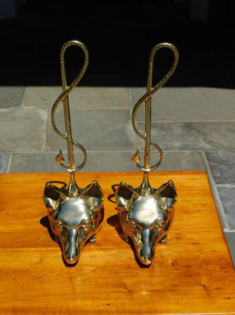 Pair of American Brass Fox Head Doorstops with Decorative Chased ...