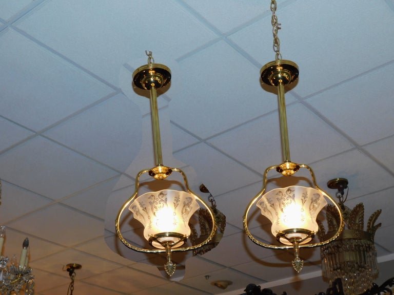Pair of American Brass Hall Lanterns with Orig. Frosted Etched Globes ...