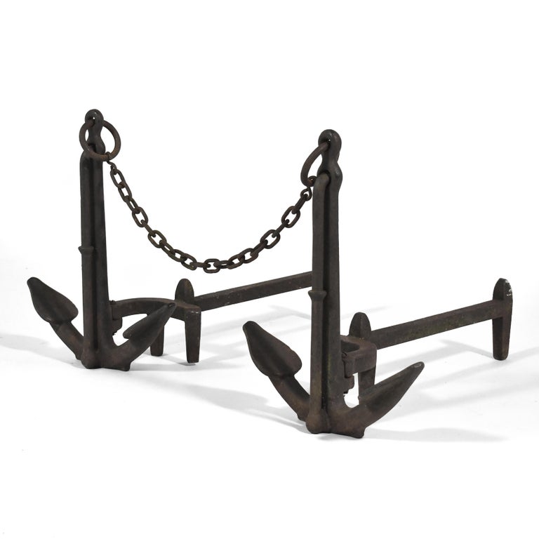 Pair of American Cast Iron Anchor Andirons For Sale at 1stDibs