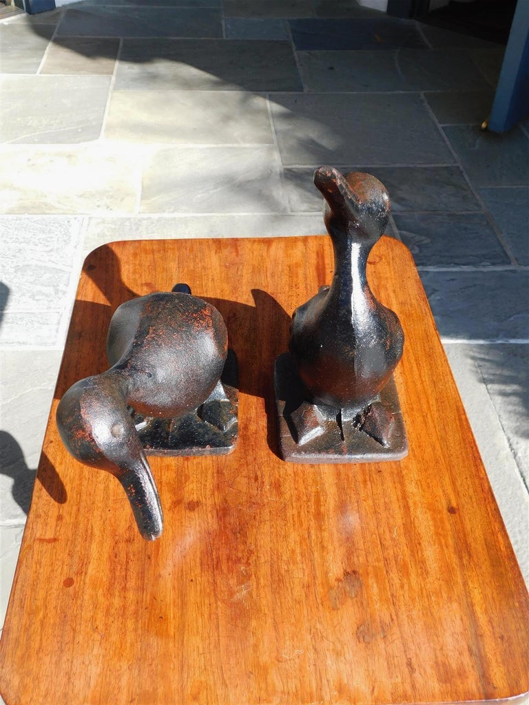 Pair of American Cast Iron Hand Painted Preening Ducks on Squared Base ...