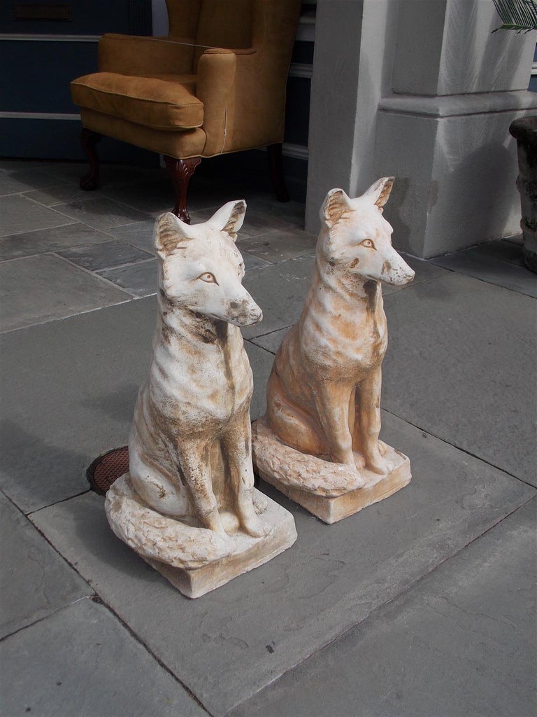 Pair of American Cast Stone Foxes Sitting on Squared Plinths, Circa ...