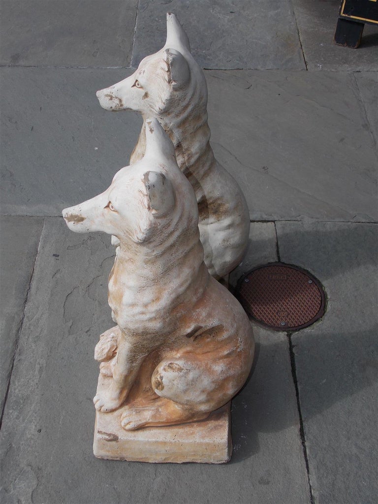 Pair of American Cast Stone Foxes Sitting on Squared Plinths, Circa ...