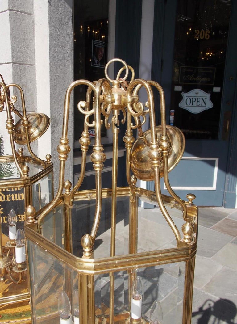 Pair of American Hexagon Brass and Bevelled Glass Hanging Hall Lanterns ...