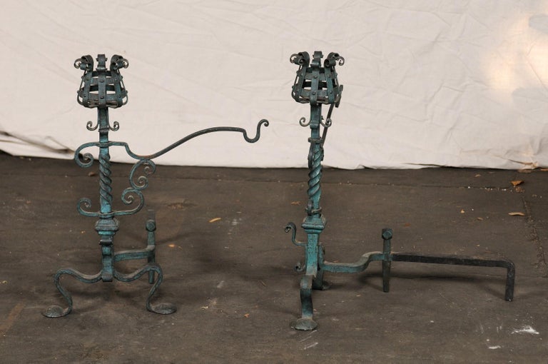 Pair of American Iron Andirons with Patina Finish and Cooking Arms ...