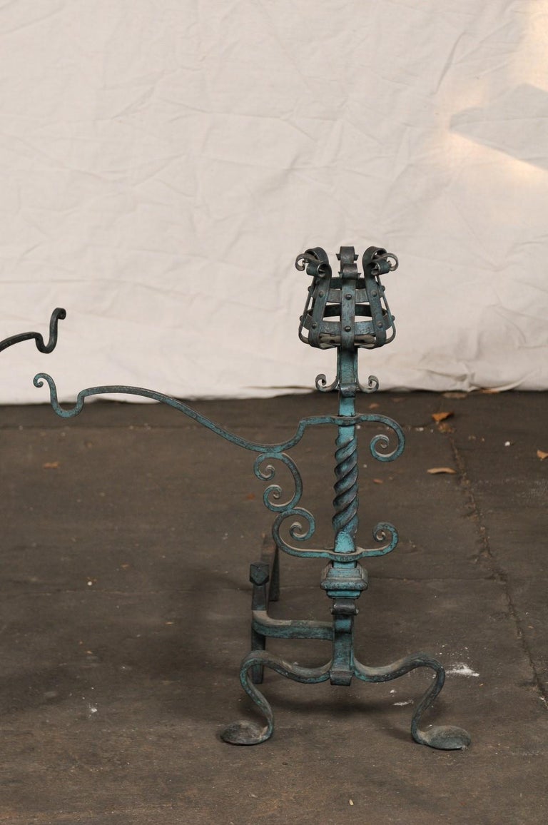 Pair of American Iron Andirons with Patina Finish and Cooking Arms ...