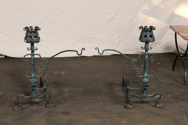Pair of American Iron Andirons with Patina Finish and Cooking Arms ...