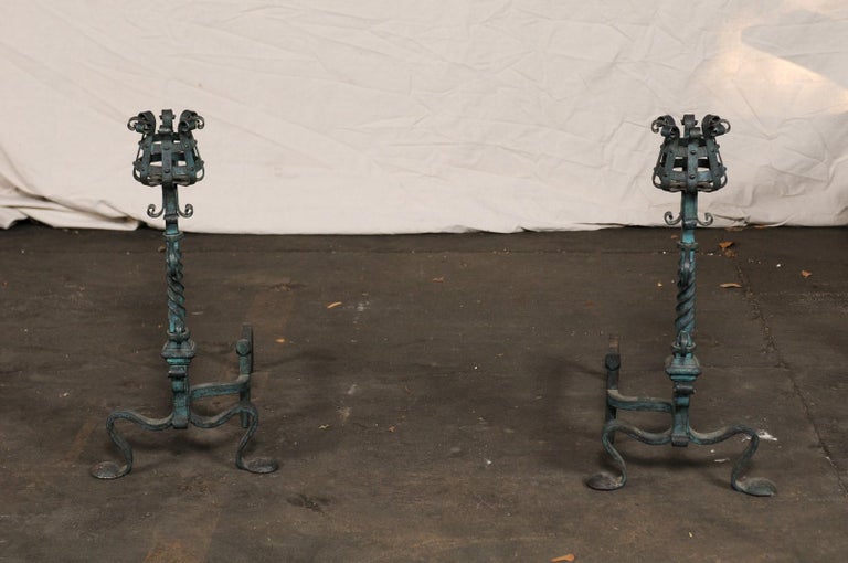 Pair of American Iron Andirons with Patina Finish and Cooking Arms ...