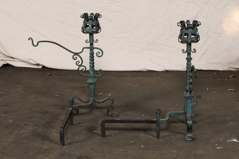 Pair of American Iron Andirons with Patina Finish and Cooking Arms ...
