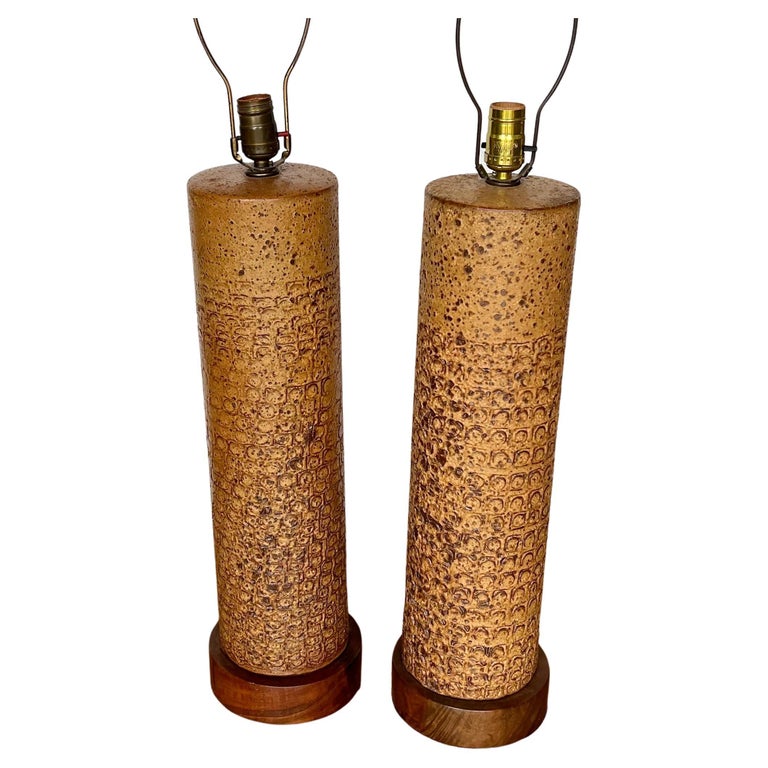 Pair of American Mid-Century Modern Ceramic Column Table Lamps Walnut ...