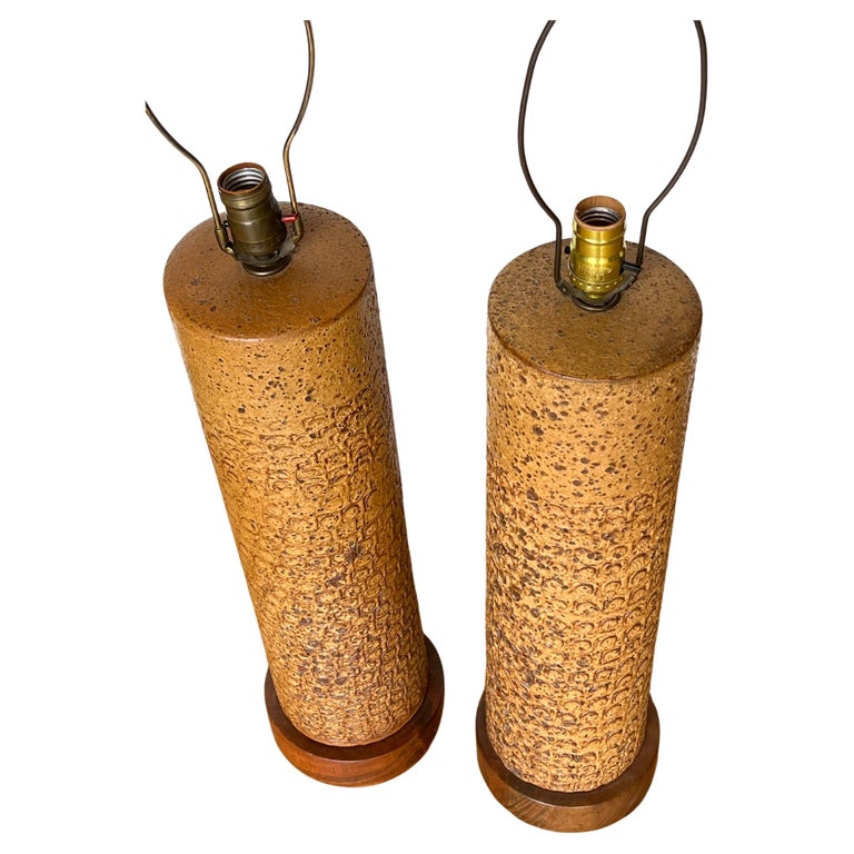 Pair of American Mid-Century Modern Ceramic Column Table Lamps Walnut ...