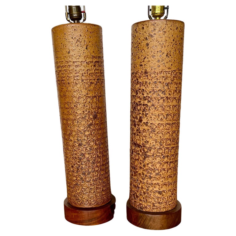 Pair of American Mid-Century Modern Ceramic Column Table Lamps Walnut ...