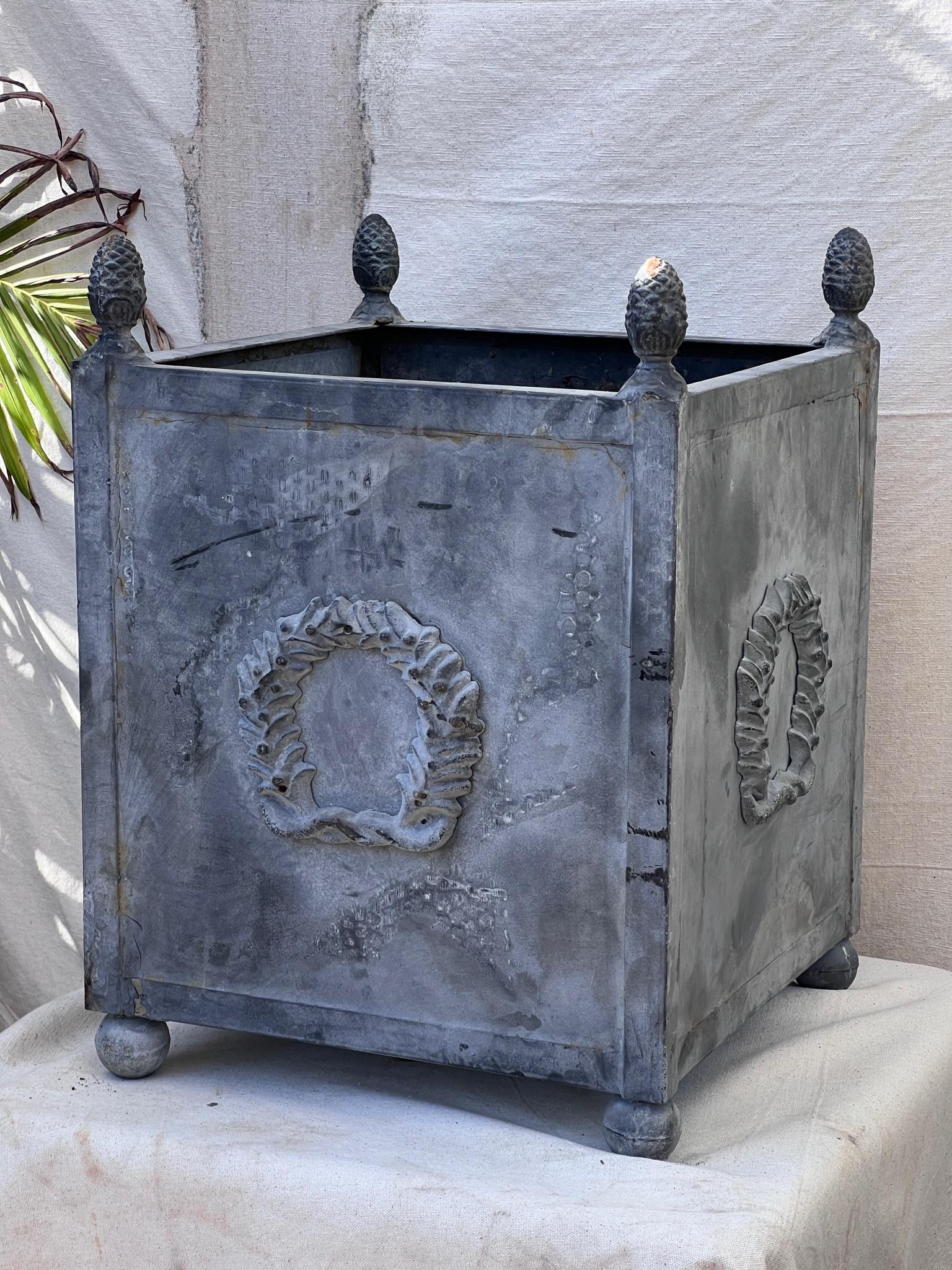 Pair of American Neoclassical Style Grey Metal Planters with Garland at ...