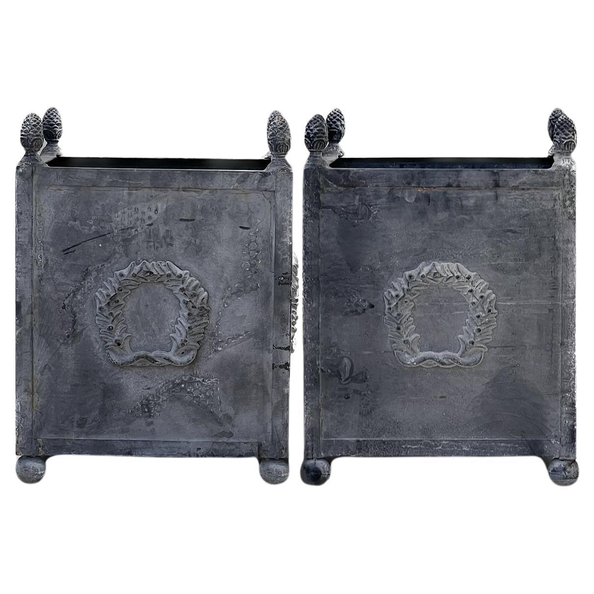 Pair of American Neoclassical Style Grey Metal Planters with Garland at ...