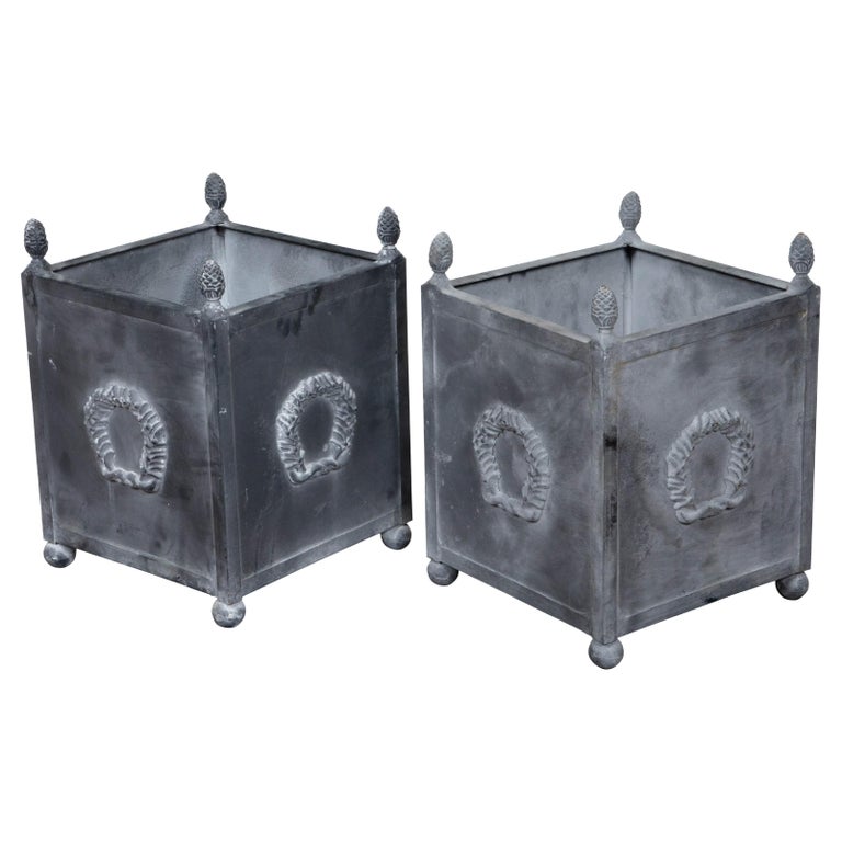 Pair of American Neoclassical Style Grey Metal Planters with Laurel ...