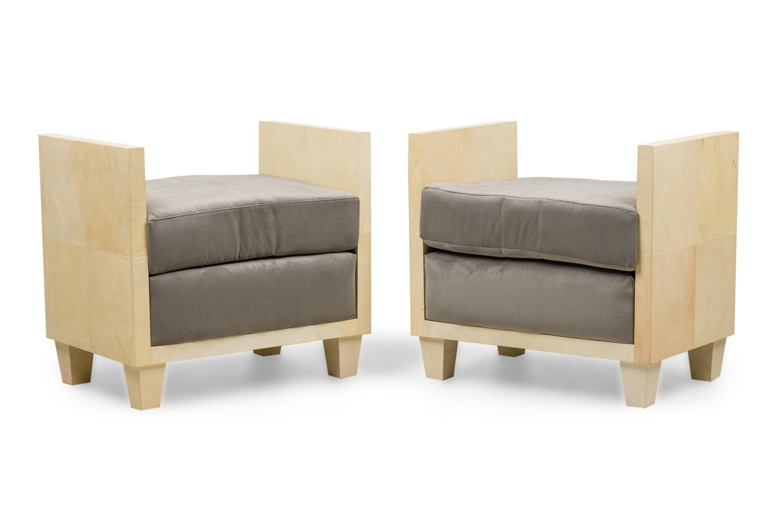 Pair of American Parchment Covered Upholstered Benches (Manner of ...