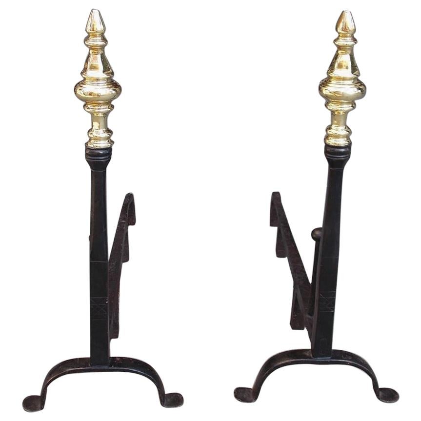 Pair of American Wrought Iron Ball Top Andirons with Penny Feet. Circa ...