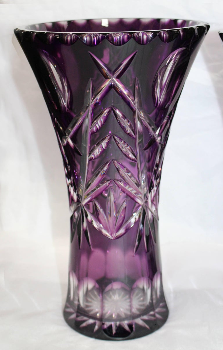 Pair of Amethyst Cut-Glass Overlay Crystal Vases at 1stDibs
