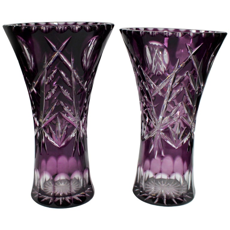 Pair of Amethyst Cut-Glass Overlay Crystal Vases at 1stDibs