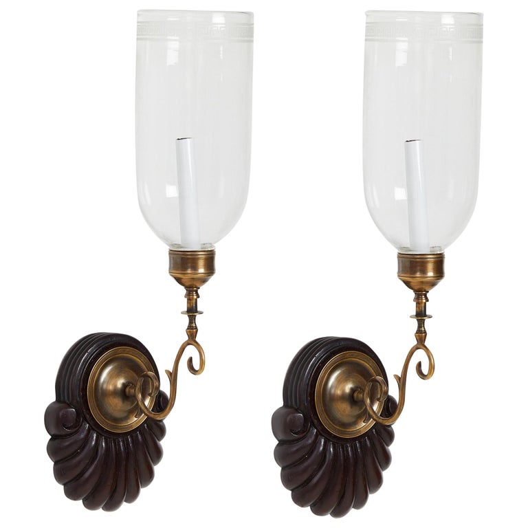 Pair of David Duncan Scallop Shell Sconces with Greek Key Hurricane ...